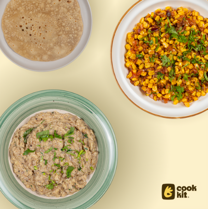 Sweet Corn Chaat + Baigan Bharta (Maharashtrian Style) + Chapati – Cook Kit